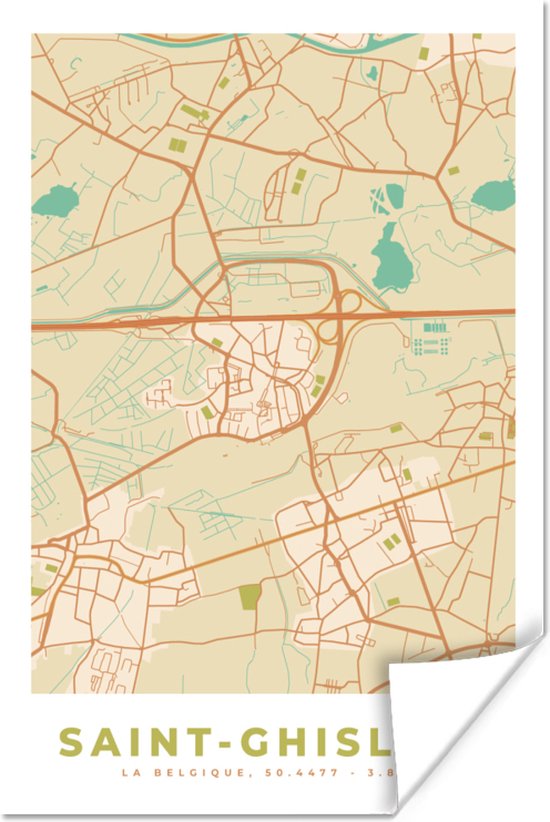 Poster Plattegrond - Kaart - Vintage - Stadskaart - Saint-Ghislain ...