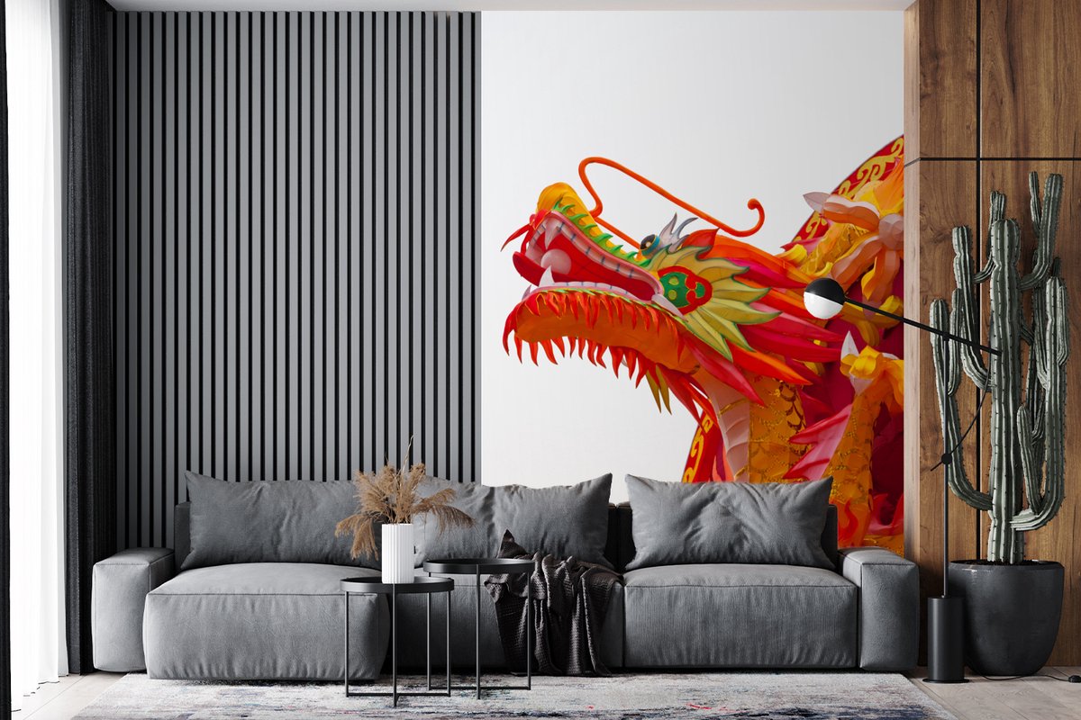 Behang - Fotobehang Rode Chinese draak witte achtegrond - Breedte 225 ...