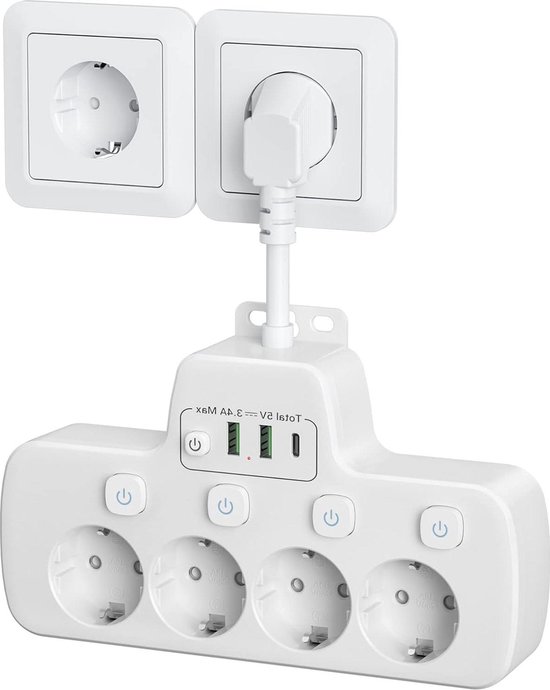 Stopcontact Splitter met Schakelaar en USB C - 4-voudig Stopcontacten ...