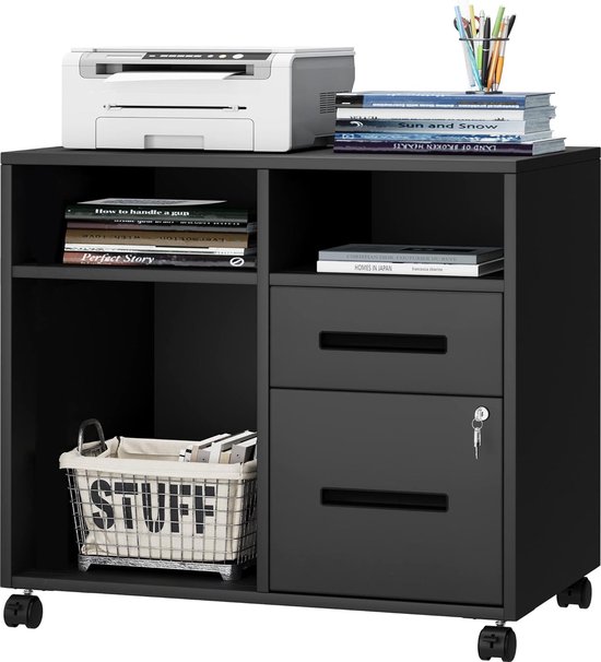 JGS® Stijlvolle Zwarte Metalen Rolcontainer met 2 Lades en 3 Open ...