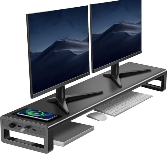 Monitor Stand Riser met Draadloos Opladen en 4 USB Hub - Metalen ...