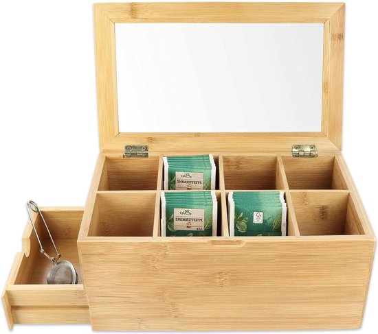 Theedoos van bamboe 31 x 19 x 14 cm met kijkvenster - 8 vakken en lade ...