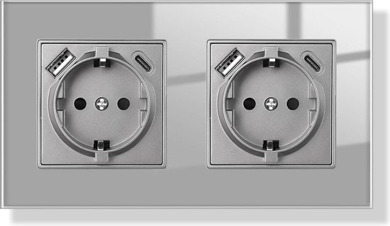 Dubbel stopcontact met USB grijs - inbouw - USB A en type C-poort - 21 ...