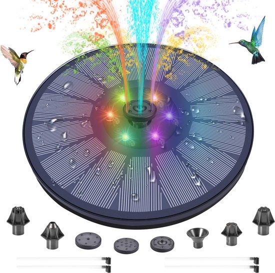 Zonne-energie Waterfontein met LED Verlichting en 7 Sproeiers - Tuin ...