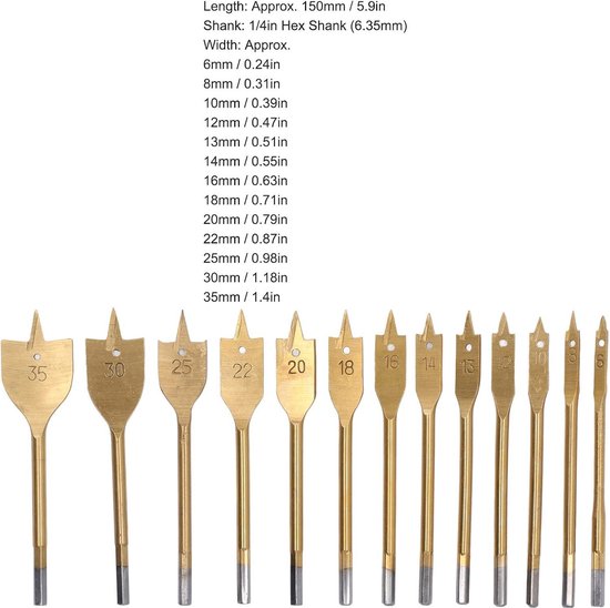 13 Stks Houtbewerking Platte Bit Boor Koolstofstaal 1/4in Zeshoekige ...