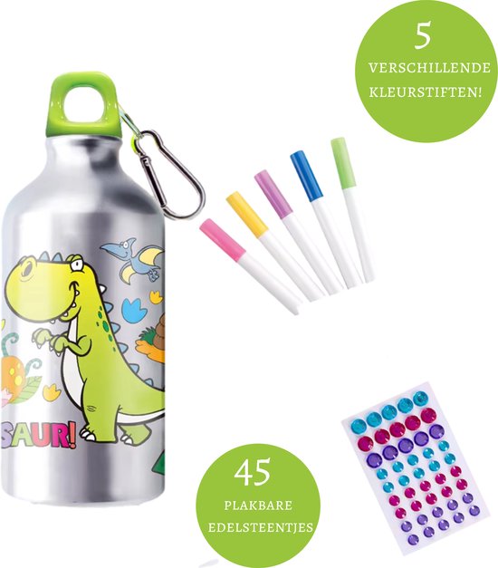 Kiddel Dinosaurus DIY Waterfles Kind – Inkleurbare Drinkfles met ...