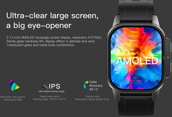 4G LTE Smartwatch met AMOLED Scherm - 4GB RAM, 64GB ROM, 2.13" HD ...