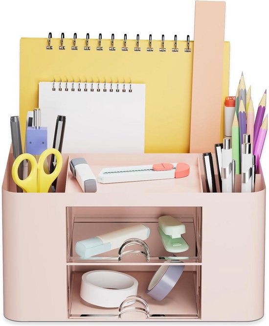 Desk Organiser with Drawer and 2 Small Drawers - 5 Compartments - Pink ...