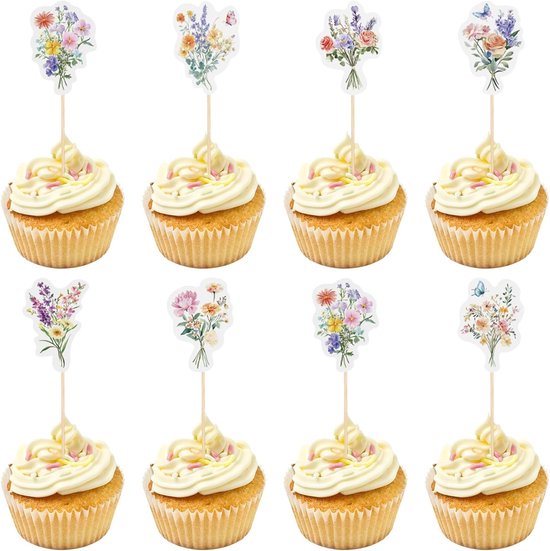 40 Stuks Floral Cupcake Toppers - 7 Ontwerpen Wilde Bloemen Versiering ...