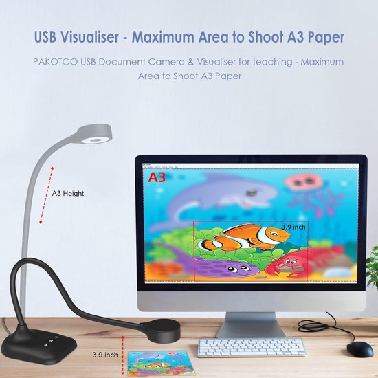 Pakotoo USB Document Camera A3, LED, Zoom, Microfoon - Windows, Mac ...
