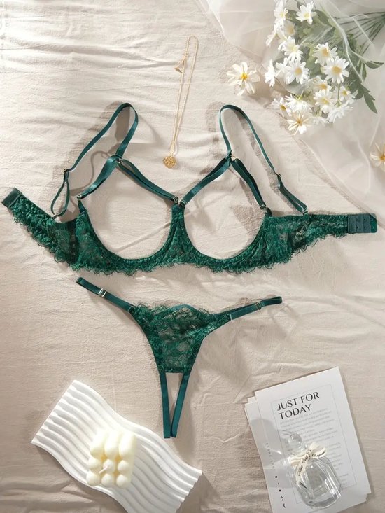 Erotische Lingerieset met Bloemenkant – Open Borst BH & Open Kruis ...