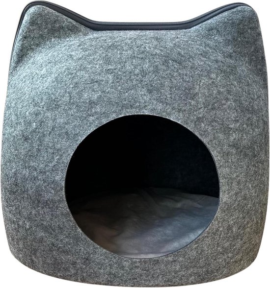 Kattenhuis met Pluizig Kussen en Ronde Ingang - Donkergrijs (Groot) | bol