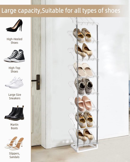 Narrow 8 Levels Space Saving Angled Shoe Rack - Shoe Organiser for ...