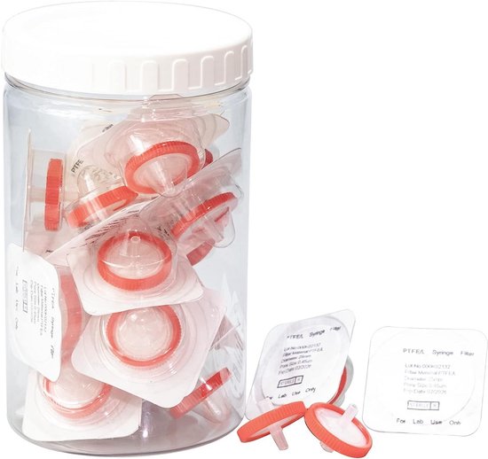20x Steriele Spuitfilters 25mm PTFE Membraan 0.45 µm voor HPLC & GC ...