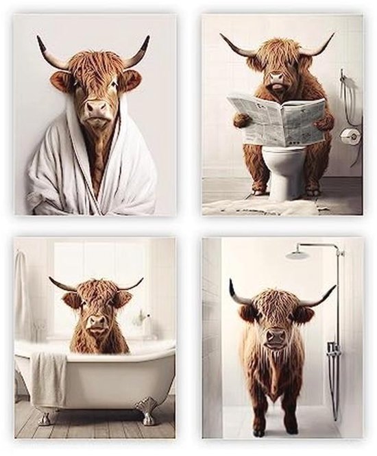 Grappige Highland Koe Badkamer Decor - Rustieke Boerderij Posters Set ...