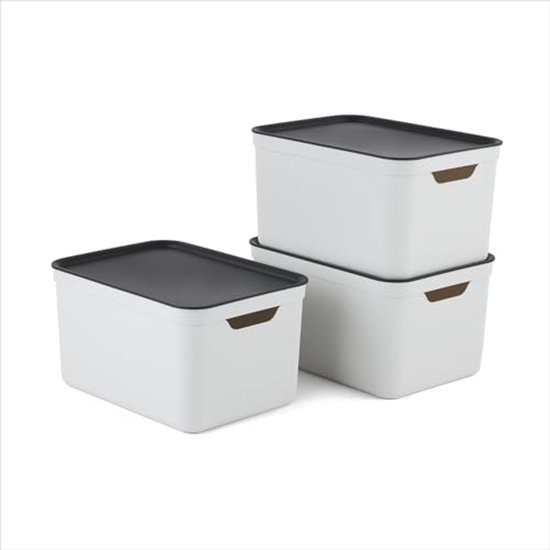 Opbergdozen Set van 3 - 16L met Deksel, Kunststof (PP Gerecycled), Wit ...