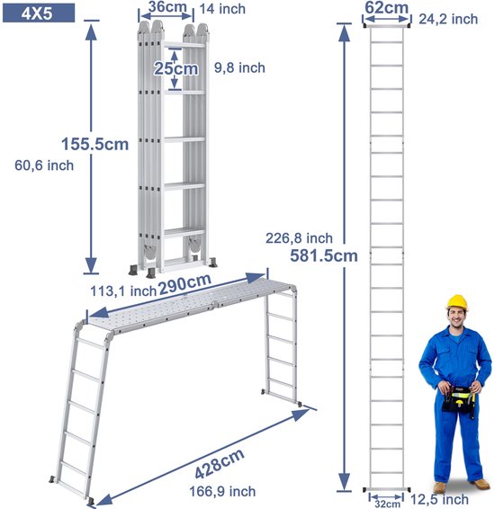 Ladder – Huishoudtrap – Keukentrap – Vouwladder – Werkplatform – 6-in-1 ...
