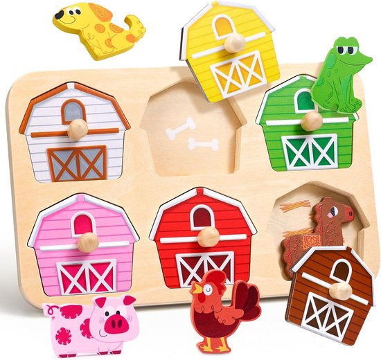 Houten Puzzels met Noppen voor Peuters (1-3 jaar) - 6 Stuks Dieren ...