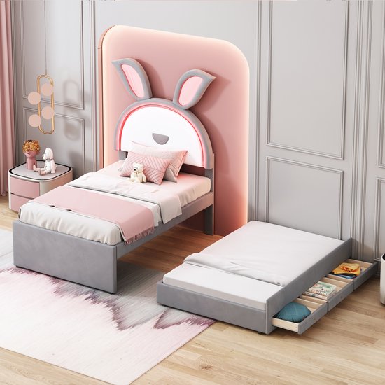 Wishdor Ledikant 90x200 cm, gestoffeerd fluweel grijs, in konijnenvorm ...