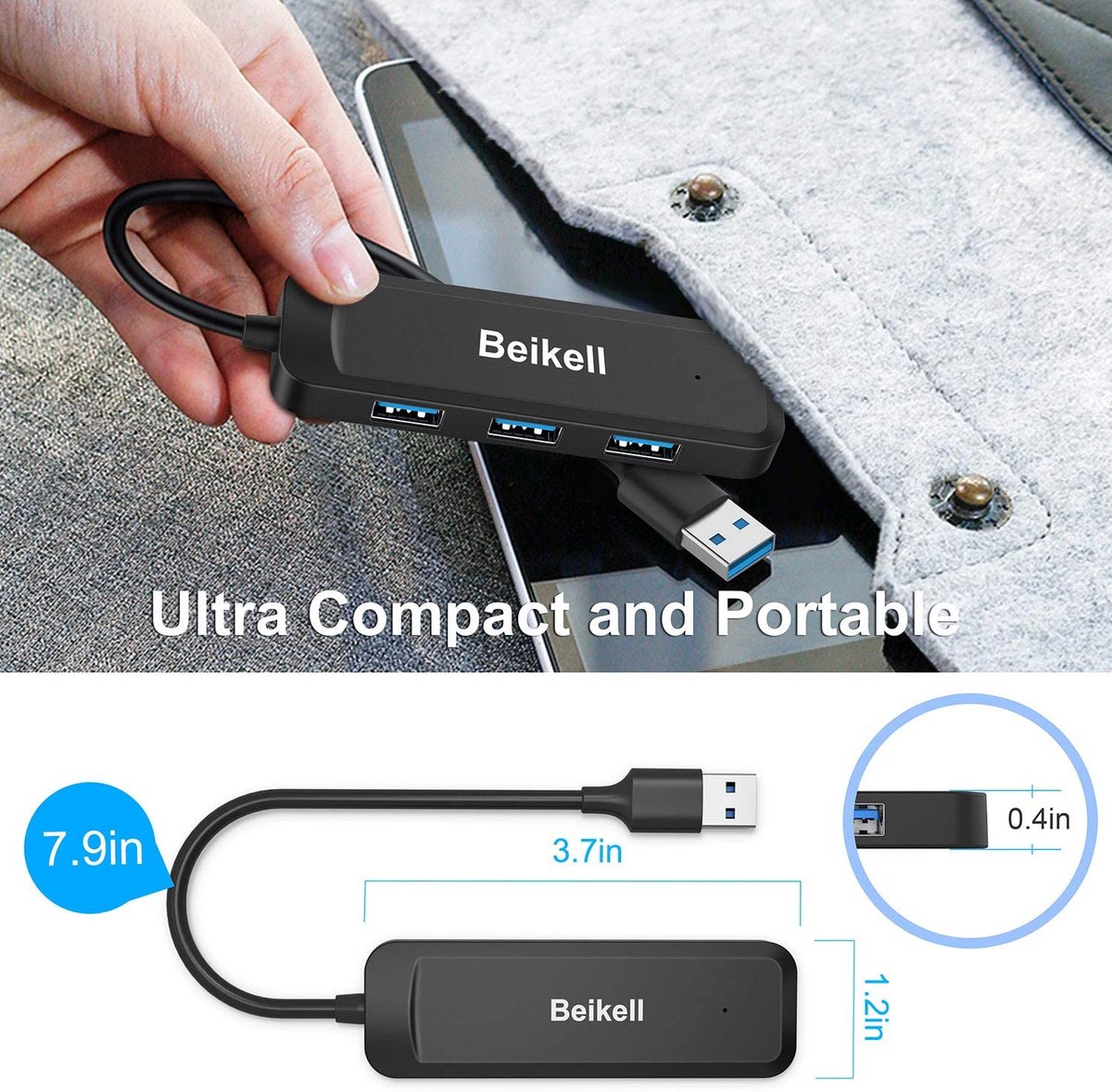 Beikell USB 3.0 Hub, 4-Port Ultra Slim USB Hub, Data Hub, Extra Light ...