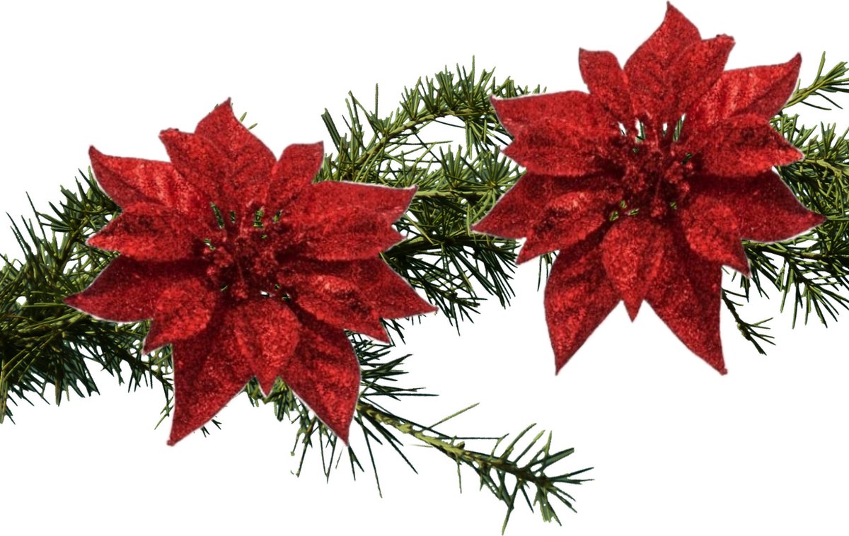 Kerst bloemen 2x stuks kunststof rood op clip - 18 cm - Kerstornament | bol