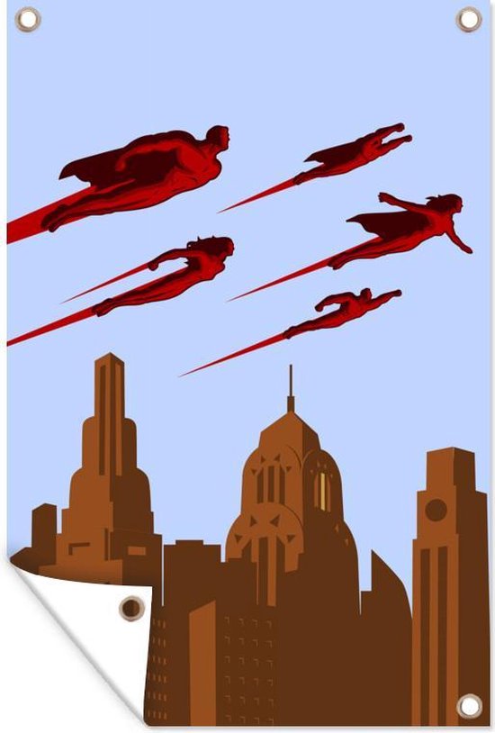 Tuinposters buiten Kindertekening van rode silhouetten van superhelden ...