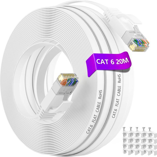 Netwerkkabel 20 m plat, LAN-kabel 20 m buiten RJ45 Ethernet-kabel Cat 6 ...