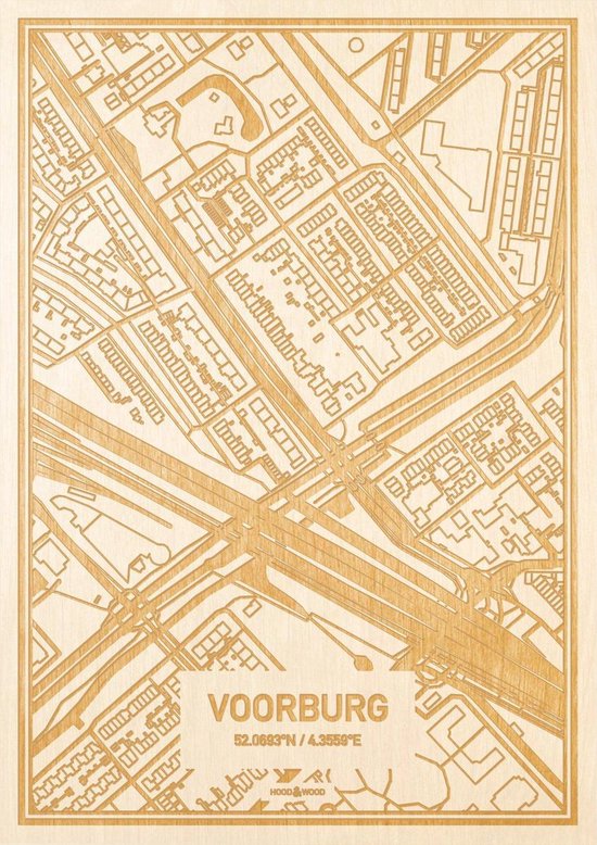 Kaart Voorburg - Gegraveerde stadskaart Hood&Wood - Hout, A4 | bol.com