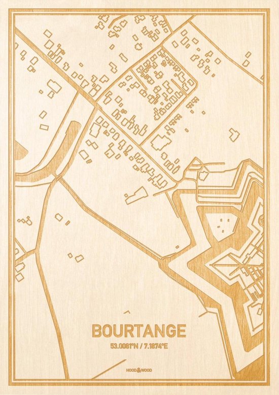 Kaart Bourtange - Gegraveerde stadskaart Hood&Wood - Hout, A4 | bol.com