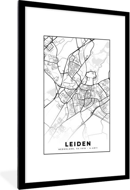 Fotolijst incl. Poster - Kaart - Leiden - Zwart - Wit - 80x120 cm ...