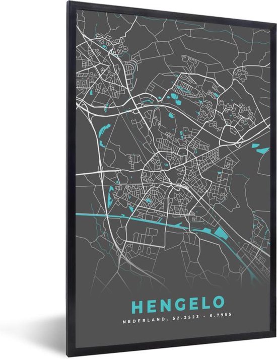 Fotolijst incl. Poster - Plattegrond - Hengelo - Grijs - Blauw - 40x60 ...
