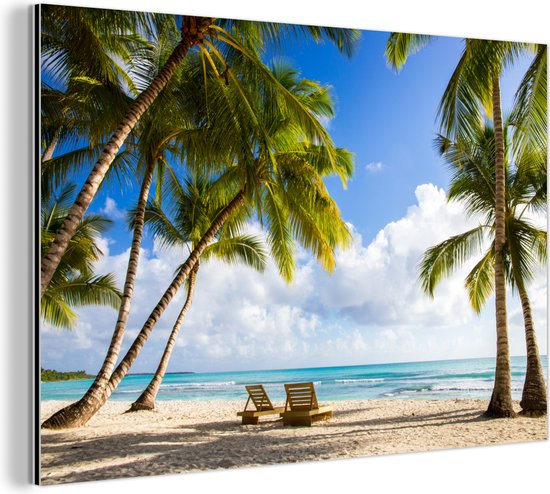 Wanddecoratie Metaal - Aluminium Schilderij - Palm en hutten op tropisch eiland - 30x20 cm | bol.com