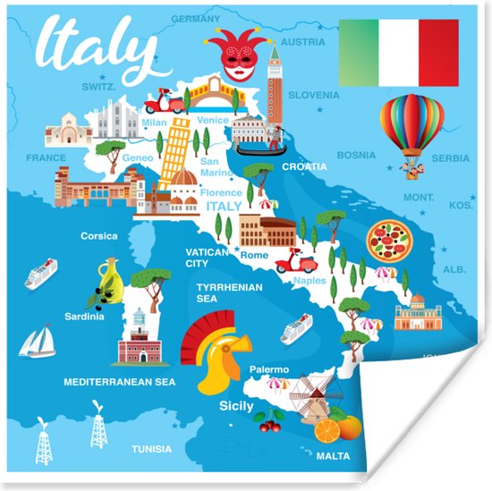 Poster Landkaart - Italië - Illustratie - 50x50 cm | bol