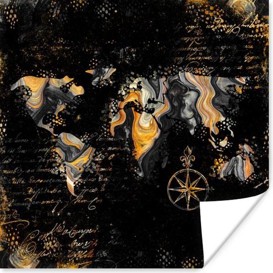 Muurdecoratie - Wereldkaart - Verf - Goud - Kompas - 50x50 cm - Poster ...