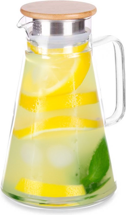 Kinvara Water Karaf/schenkkan - 2x - met bamboe dop - glas - 1.2 Liter ...