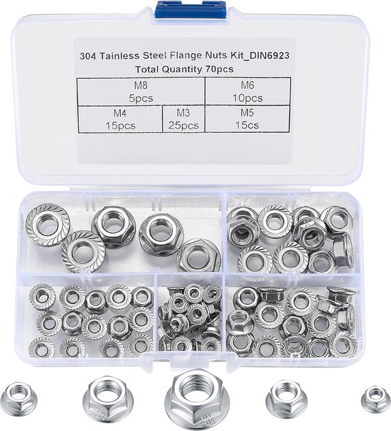 70-delige Verpakkingsset, Zeskantmoeren, BORGmoeren met flens, Zelfvergrendelende... | bol