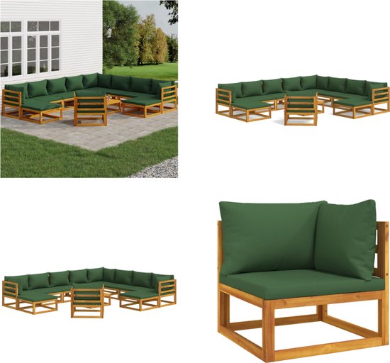 vidaXL 12-delige Loungeset met groene kussens massief hout - Loungeset ...