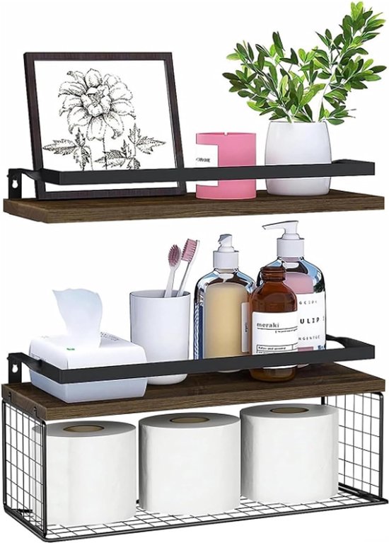 Wandplank, Set van 2 zwevende houten planken met draadmand, plank plank ...