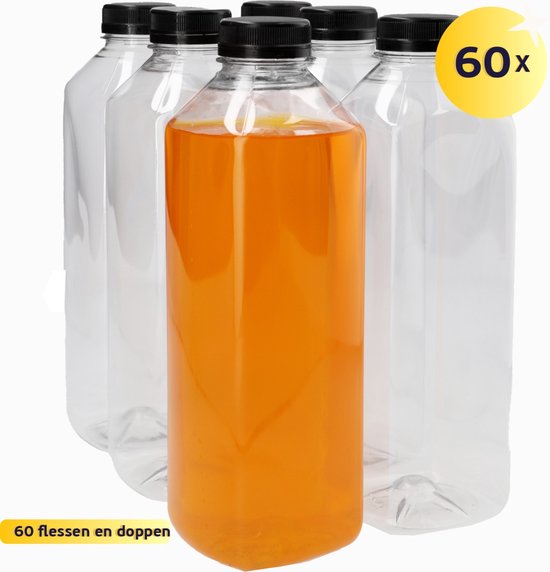 60 x Sapfles Plastic 1000 ml - Vierkant - PET Flessen met Dop zwart ...
