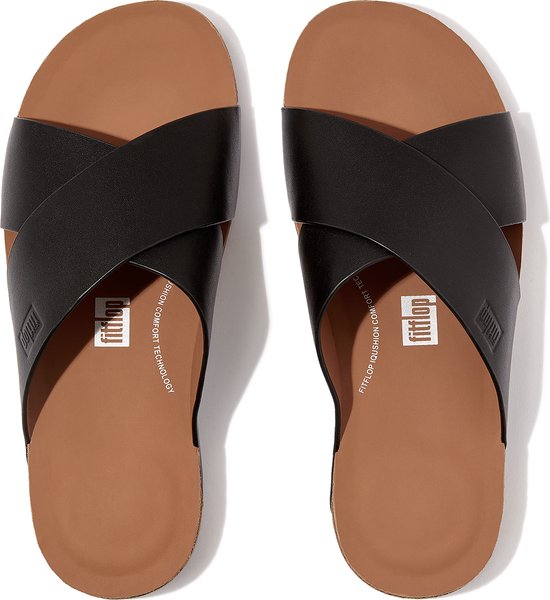 FitFlop FitFlop Iqushion Men'S Leather Cross Slides ZWART - Maat 43 | bol