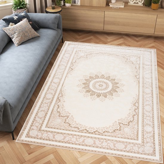 Tapiso Hera Vloerkleed Beige Licht Woonkamer Oosters Frame Tapijt Maat ...
